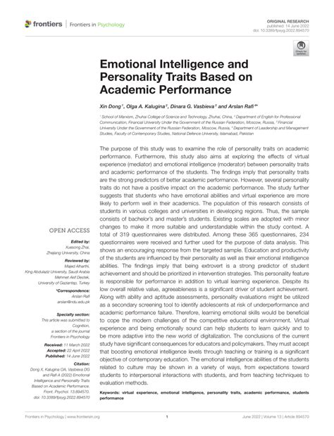 Pdf Emotional Intelligence And Personality Traits Based On Academic Performance