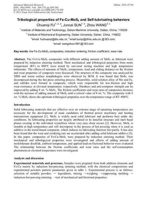Tribological Properties Of Fe Cu Mos2 And Self Lubricating Behaviors Scientific Net