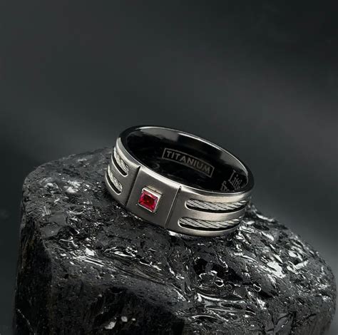 Titanium Ruby Ring Titanium Cable Ring Custom Engraved Ring Mens