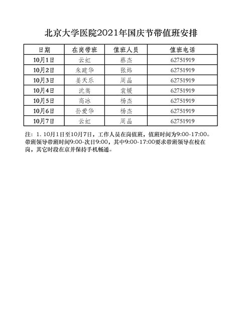 北京大学医院2021年国庆节带值班安排 北京大学医院