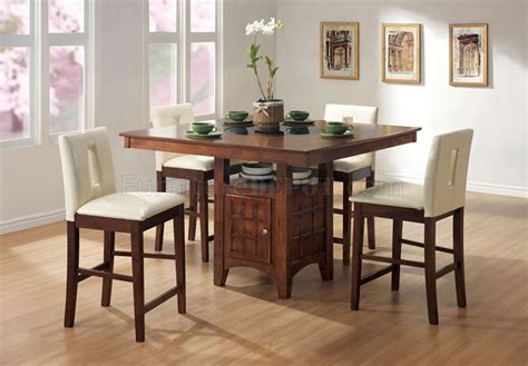 Walnut Finish Counter Height Table Wstorage Base And Glass Inlay
