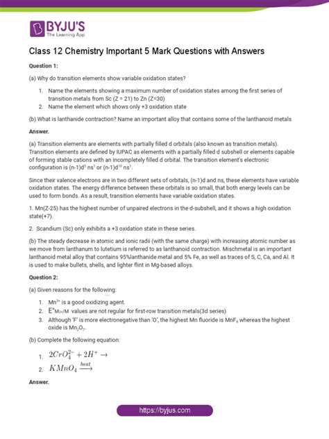 Class 12 Chemistry Important 5 Marks Questions With Answers Pdf Pdf