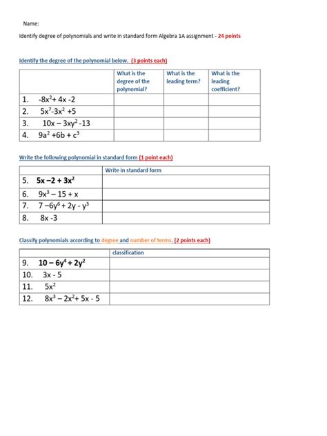 Identify Degree Of Polynomials And Write In Standard Form Algebra 1a Assignment Fillable Pdf