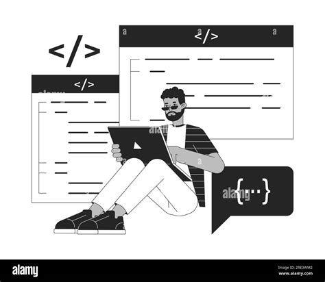 Programmer Sitting With Laptop Bw Concept Vector Spot Illustration
