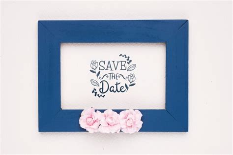 Premium Psd Save The Date Mock Up Dark Blue Frame And Roses