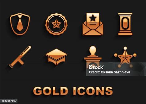 졸업 모자 무대 스탠드 또는 토론 연단 헥사 그램 보안관 경찰 고무 지휘봉 체포 영장 넥타이 및 배지 아이콘을 설정하십시오 벡터 검은색에 대한 스톡 벡터 아트 및 기타