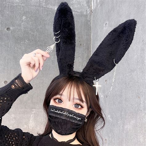 Dark Fluffy Black Bunny Ears Headband Syndrome Cute Kawaii Harajuku