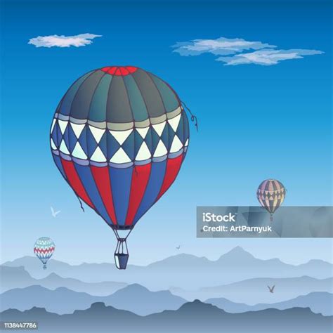 풍선 벡터 카드입니다 햇볕이 잘 드는 하늘에서 비행 일부 다른 색 줄무늬 공기 풍선 구름과 조류의 패턴은 하늘에 급증 여행과 휴가 광고에 대한 스톡 벡터 아트 및 기타