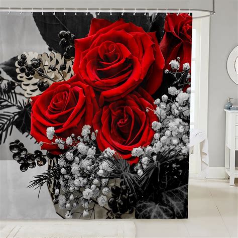 Rose Floral Bathroom Shower Curtain Sets Romantic Red Flowers Shower
