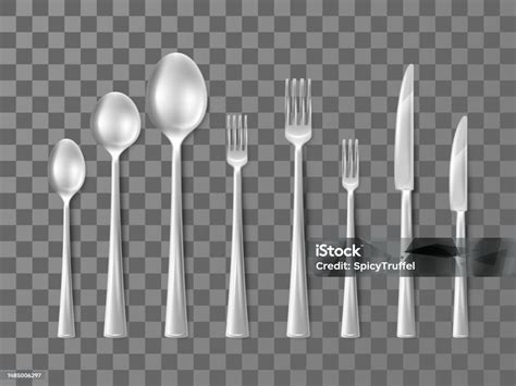 사실적인 은제품 금속 수저 식기 컬렉션 3d 숟가락 접시의 평면도 실버 나이프 스테인리스 포크 저녁 식사 서빙 개체 찻 숟가락 또는 큰 스푼 벡터 식기 세트 3차원 형태에