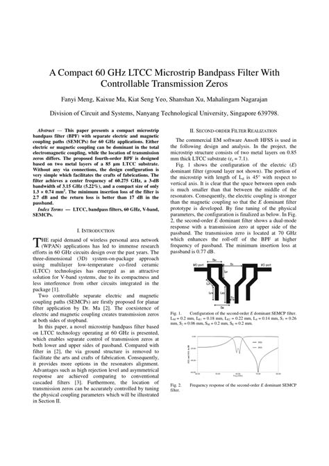 Pdf A Compact 60 Ghz Ltcc Microstrip Bandpass Filter With Controllable Transmission Zeros