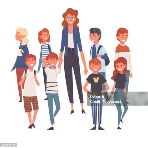 Tersenyum Guru Perempuan Berdiri Dengan Kelompok Siswa Vektor Ilustrasi