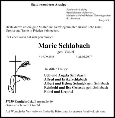 Traueranzeigen Von Marie Schlabach Trauer In Nrw De
