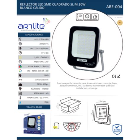 REFLECTOR LED SMD CUADRADO SLIM IP66 BLANCO CÁLIDO ARTLITE ARE 004