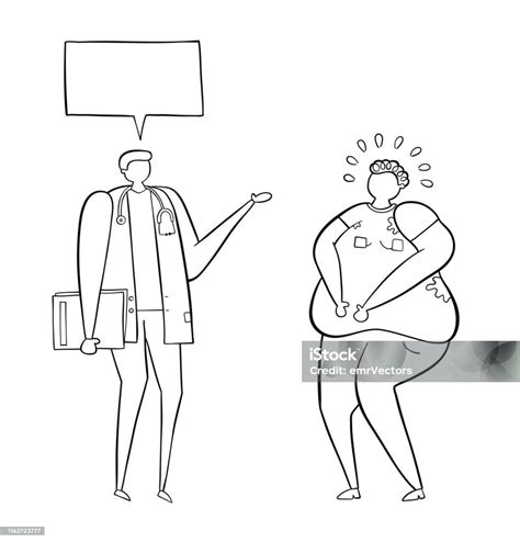 뚱뚱한 남자와 이야기 영양사 손으로 그린 벡터 그림 블랙 아웃라인 화이트 개념에 대한 스톡 벡터 아트 및 기타 이미지 개념