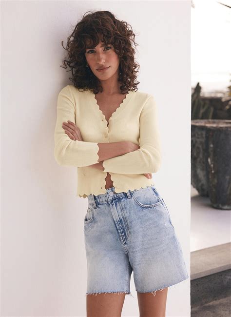 Yellow Scallop Trim Ribbed Cardigan Mint Velvet