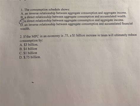 Solved 1 The Consumption Schedule Shows A An Inverse