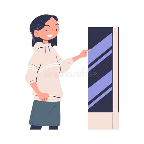 Woman Character Using Information Board With Interactive Interface Vector Illustration Stock