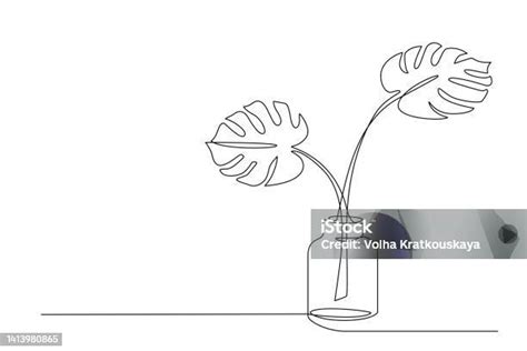 냄비에 집 식물 괴물의 한 줄 그림 고립 된 아름다운 꽃의 연속 선 핸드 드로잉 나무의 미니멀리스트 벡터 일러스트레이션 편집