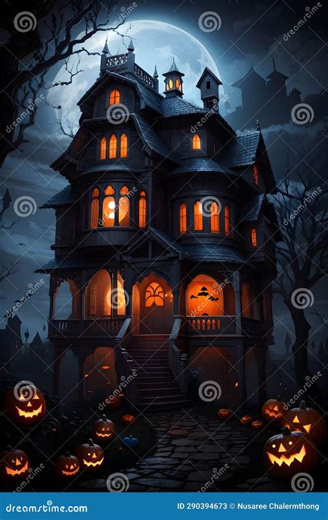 Hallow House In Holloween Night Illustration Stock Illustration