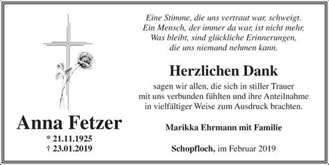 Traueranzeigen Von Anna Fetzer Trauer Flz De