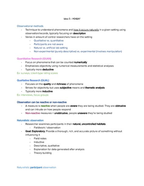 Psych 204 Research Methods Week 5 Class Notes Week 5 MONDAY Observational Methods