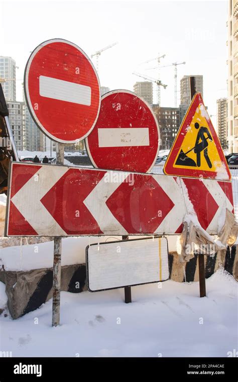 Large Road Signs Are Prohibited On The Construction Site Stock Photo Alamy