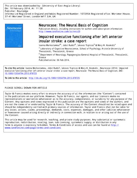 Pdf Impaired Executive Functioning After Left Anterior Insular Stroke