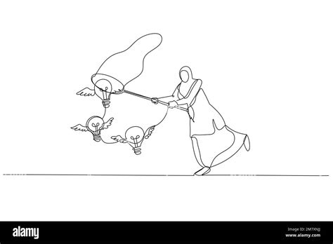 Drawing Of Arab Muslim Businesswoman Chasing And Catch Flying Lightbulb