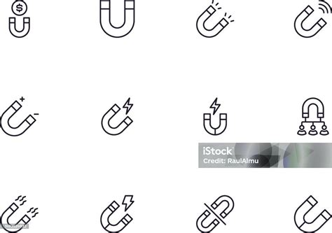 현대 자석 윤곽선 아이콘의 컬렉션입니다 모바일 앱 웹 사이트 전단지 배너 등을 위한 현대적인 삽화 세트가 흰색 배경에 분리되어