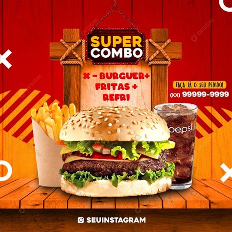 Combo Hambúrguer Refrigerante Batata Frita Social Media Psd Editável