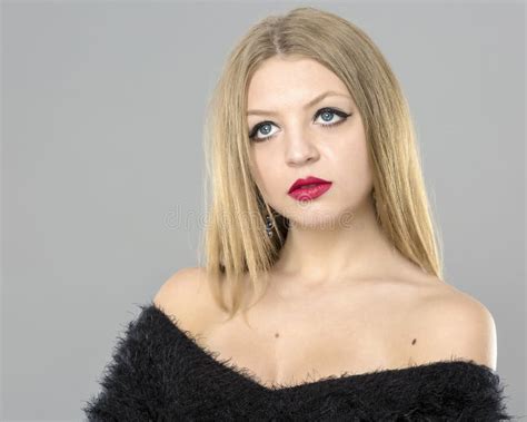 Portrait Of Wonderful Young Blonde Woman With Long Hair Looking Stock