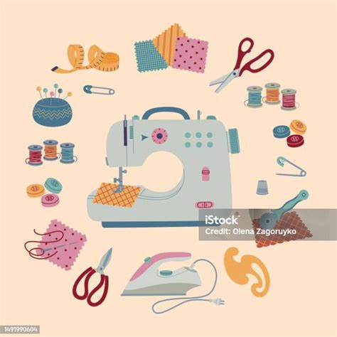 다양한 재봉 액세서리 및 가전 제품 세트 재단사 바느질 및 재봉사를 위한 작업 도구 마네킹에 대한 스톡 벡터 아트 및 기타