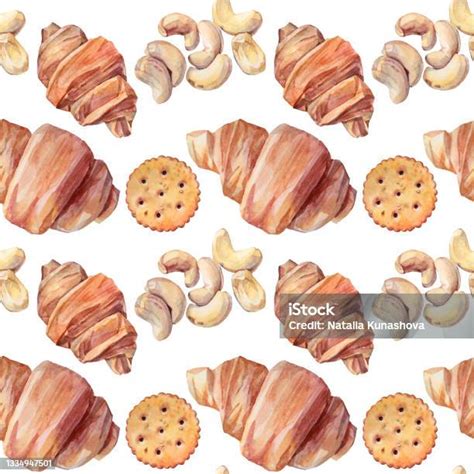 매끄러운 패턴 수채화 스낵 및 베이커리 제품 크래커 아침 식사 디저트 달콤한 크루아상 케이크 흰색 캐슈 너트 메뉴 카페 요리책을 위한 손으로 그린 예술 창의적 배경 갈색에