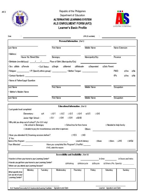 Als Enrolment Form Af2 Learners Basic Profile Republic Of The