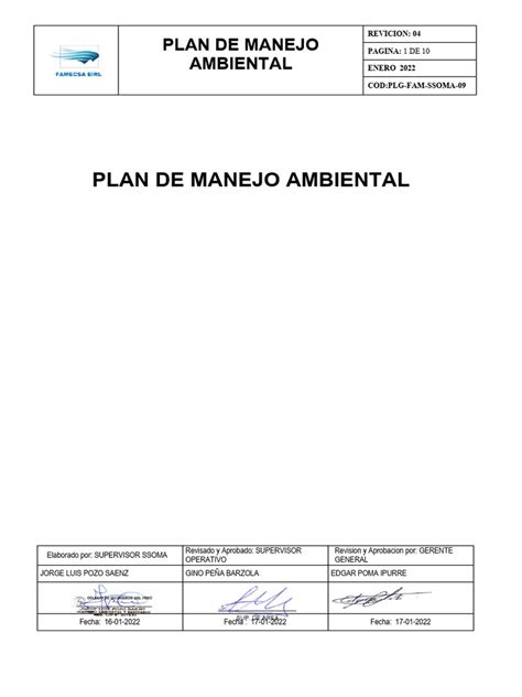Plg Fam Ssoma 09 Plan De Manejo Ambiental 2022 Pdf