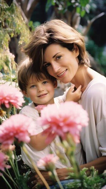 Premium Ai Image Mother And Son In The Flower Garden