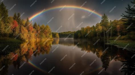 Premium Ai Image A Rainbow Over A Lake With Trees And A Lake In The