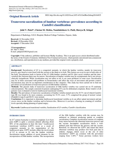 Transverse Sacralization Of Lumbar Vertebrae Prevalence According To Castellvi Classification Pdf