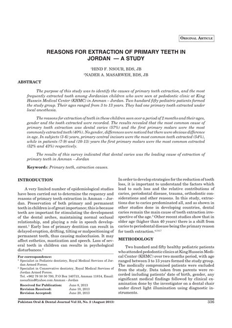 Pdf Reasons For Extraction Of Primary Teeth In Jordan A Study