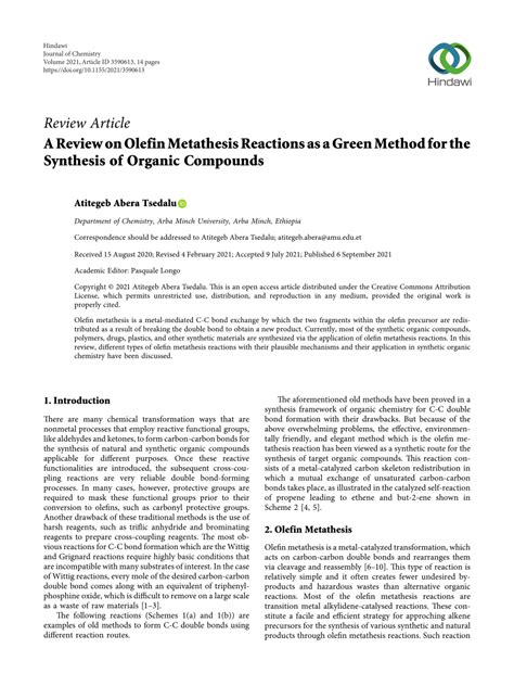 Pdf A Review On Olefin Metathesis Reactions As A Green Method For The