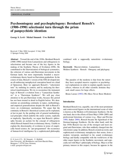 Pdf Psychoontogeny And Psychophylogeny Bernhard Renschs 1900 1990 Selectionist Turn