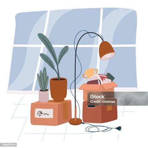 빈 방에서 골판지 상자의 이동 스택의 벡터 일러스트 레이 션 가구에 대한 스톡 벡터 아트 및 기타 이미지 가구 가정 생활 공장 산업 건물 Istock