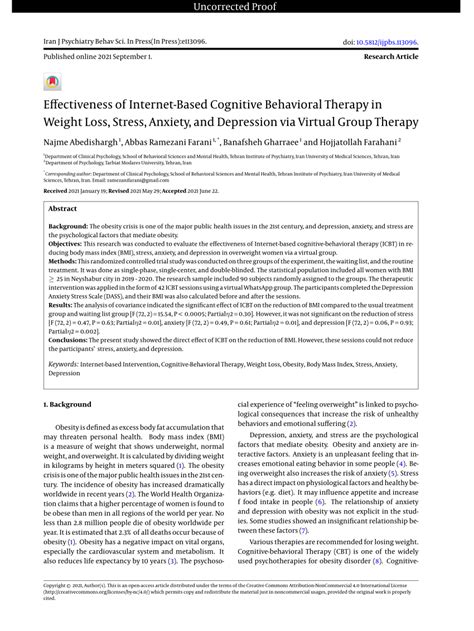 Pdf Effectiveness Of Internet Based Cognitive Behavioral Therapy In Weight Loss Stress