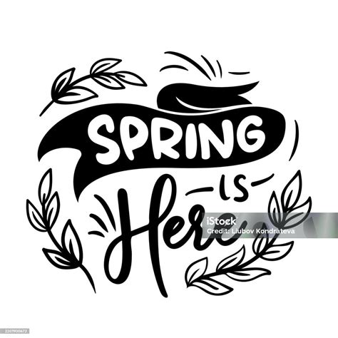 섬세한 식물 가지와 꽃으로 장식된 Spring Is Here 레터링이 있는 아름다운 벡터 일러스트레이션은 봄 시즌의 신선함과 활력을 포착합니다 계절에 대한 스톡 벡터 아트