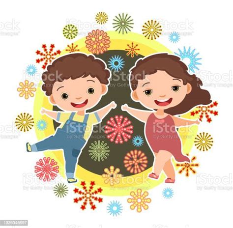 경례와 아이 어린 소년과 소녀 생일 파티에서 불꽃 놀이 아이는 파티에서 기쁨을 위해 점프하고 있습니다 매력적인 활성 귀여운 캐릭터 아이 생일 만화 스타일 격리 벡터 개념에