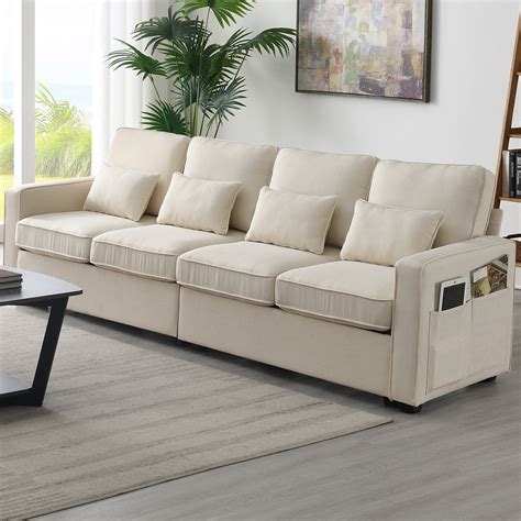Euroco 104 Modern Sofa With Armrest Pockets And Pillows 4 Seater Sofa For Living Room
