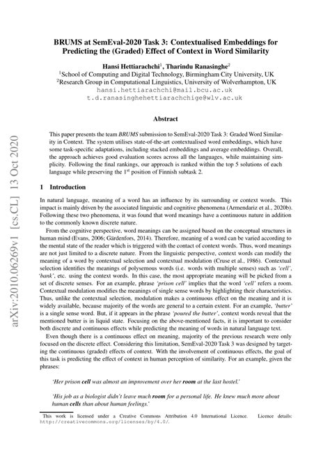 Pdf Brums At Semeval 2020 Task 3 Contextualised Embeddings For