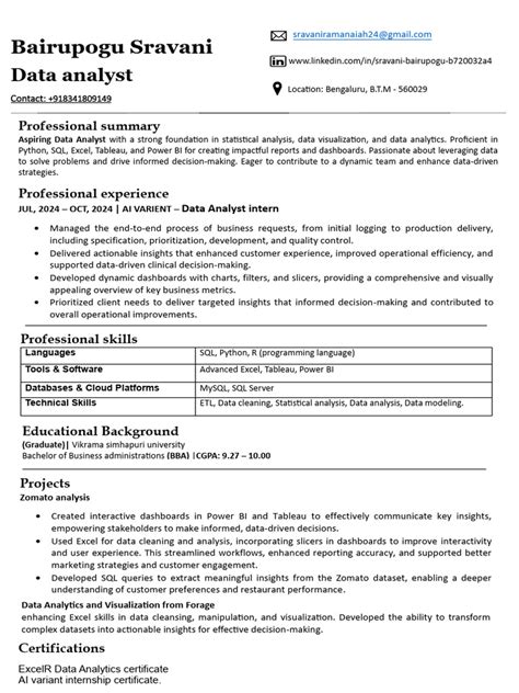 Sravani Data Analyst Resume 1 Pdf Data Analysis Data