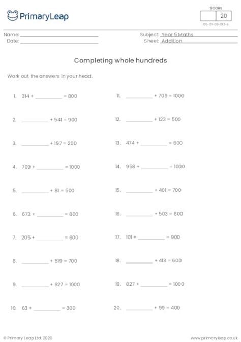 Numeracy Completing Whole Hundreds Missing Addend Worksheet
